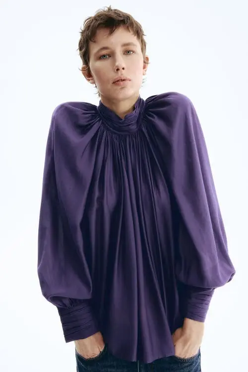 H&M Draped Stand Collar Balloon Sleeve Blouse - Dark Purple